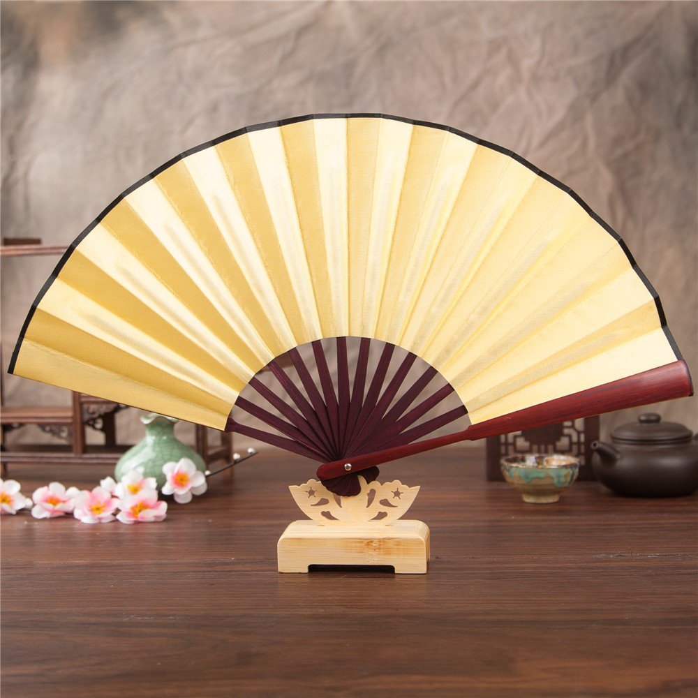Pug Tassels Fan Held Hand Chinese Wedding Party Lace Folding Fan Unisex Dancing Silk Floral Accessory (Yellow, One Size)