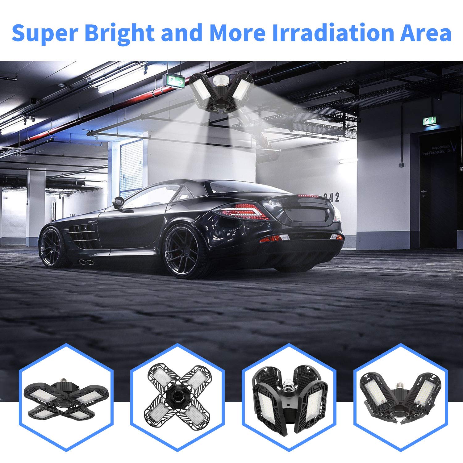 LED Garage Light 120W, Upgrade 4 Panels 12000LM Deformable E26 Garage Ceiling Lighting, Adjustable Aluminum Wing 6000K LED Commercial Light, Shop Light, Barn Light, Bay Light, Warehouse Ceiling Light