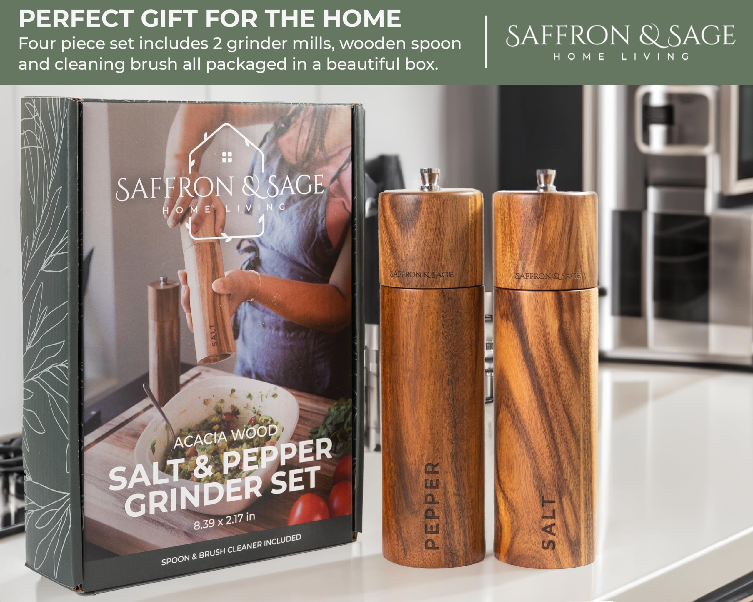 Saffron & Sage Premium Acacia Wood Salt and Pepper Grinder Set of 2-8β Tall Salt and Peppercorn Mill with Adjustable Coarse Settings, Rust Resistant, Smooth and Quality Grinding Mechanism