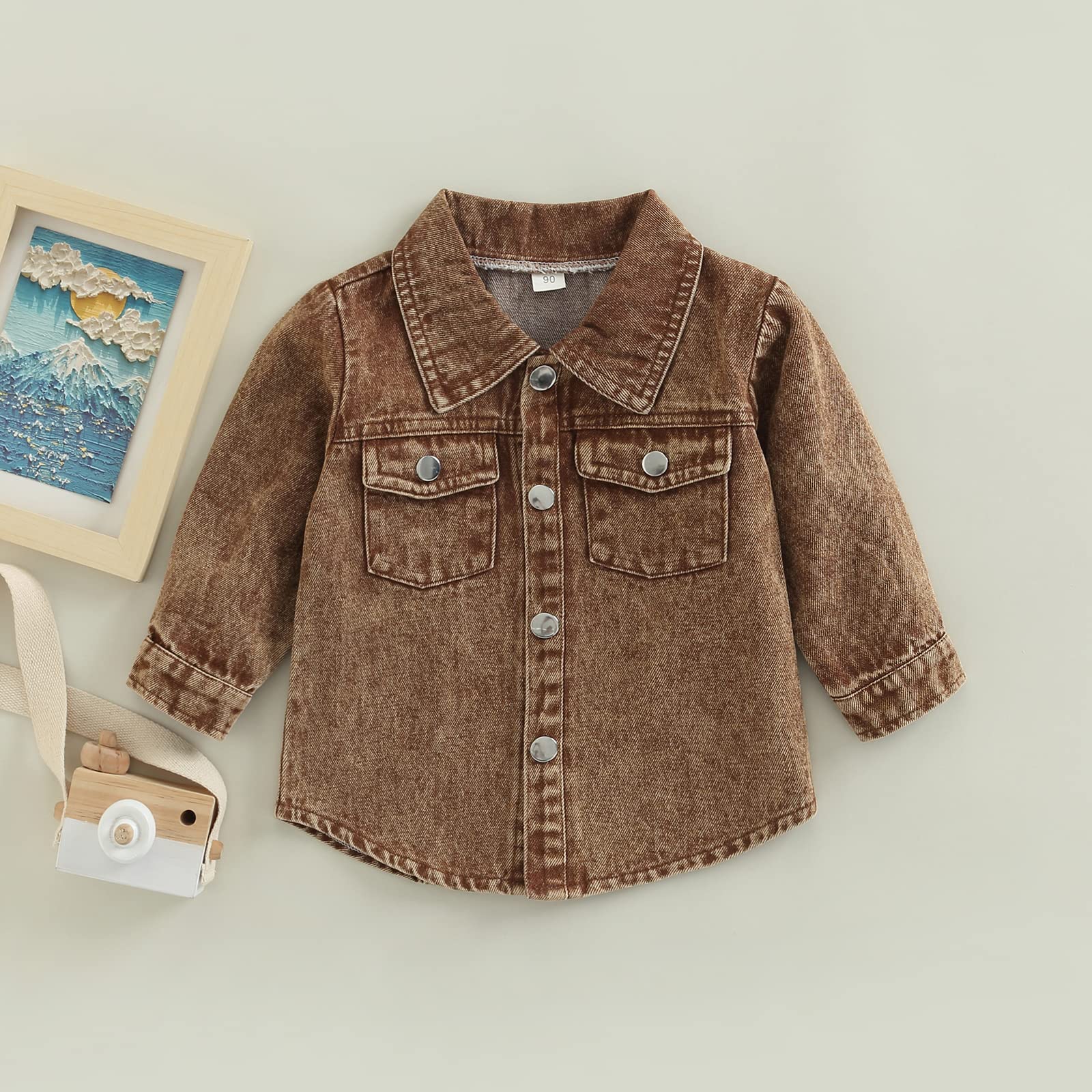 YOKJZJD Toddler Baby Boy Denim Pocket Button Down Long Sleeve Shirt Jean Jacket Fall Clothes (Brown, 18-24 Months)