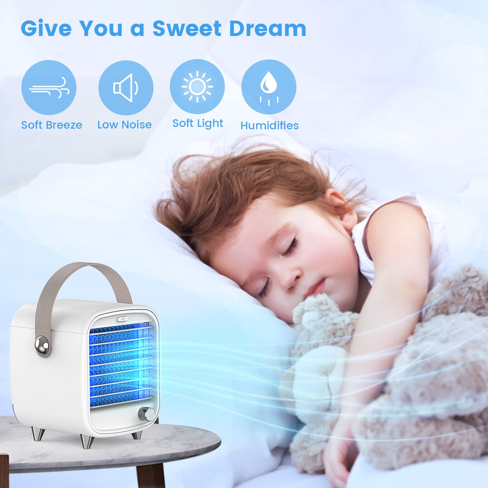 Portable AC, Mini AC Personal Air Cooler for Bedroom, Desk, Office, Car Camping, Small Mini Portable Air Conditioner Evaporative Air Cooler USB Power LED Light, Low Noise
