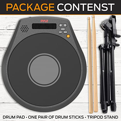 Pyle Digital Practice Drum Pad Set with Adjustable Tripod Stand, 8" Portable Electronic Snare w/Speaker, Metronome, Rhythm & Sticks