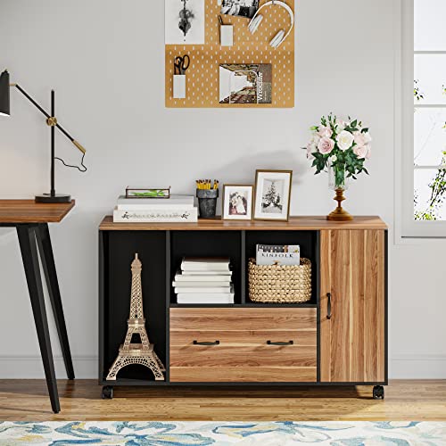 LITTLE TREE Rolling File Cabinet with Drawer and Door,Mobile Filing Cabinet with Storage Shelves and CPU Holder for Home Office,Living Room