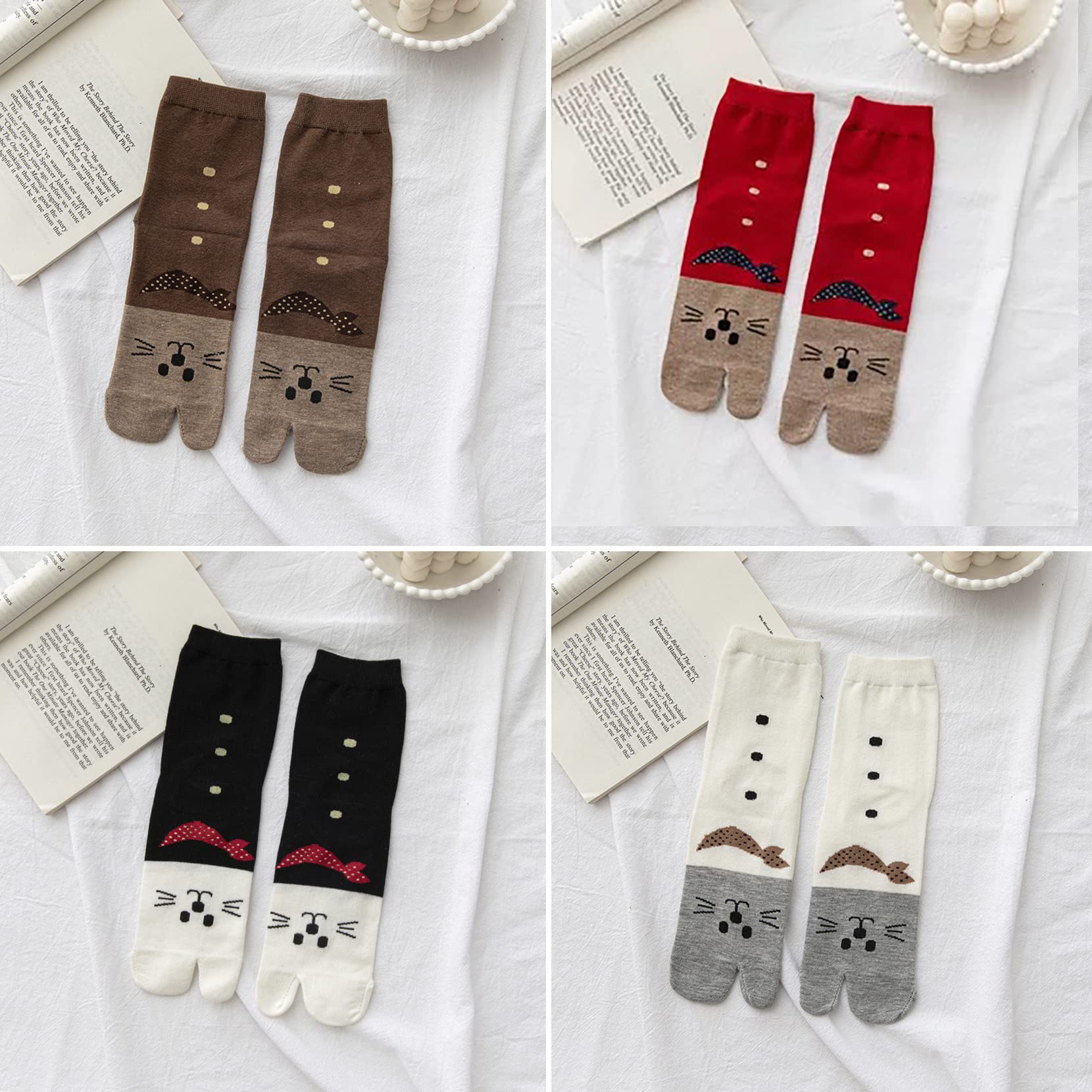 PaperMore Cute Cat Flip-Flop Socks Split Toe Tabi Socks Ninja Geta Socks 4-Pairs Pack Stylish Women Tabi Socks, White, 7.5-8 (5-10)