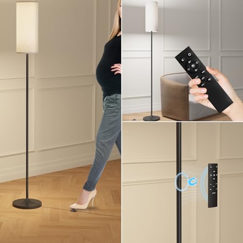 luckystyle LED Floor Lamp with Remote Control, Stepless Dimmable 12W LED Bulb, Standing Lamp with Foot Switch Grey Pole Lamp with Lampshade Tall Lamps for Living Room Bedroom