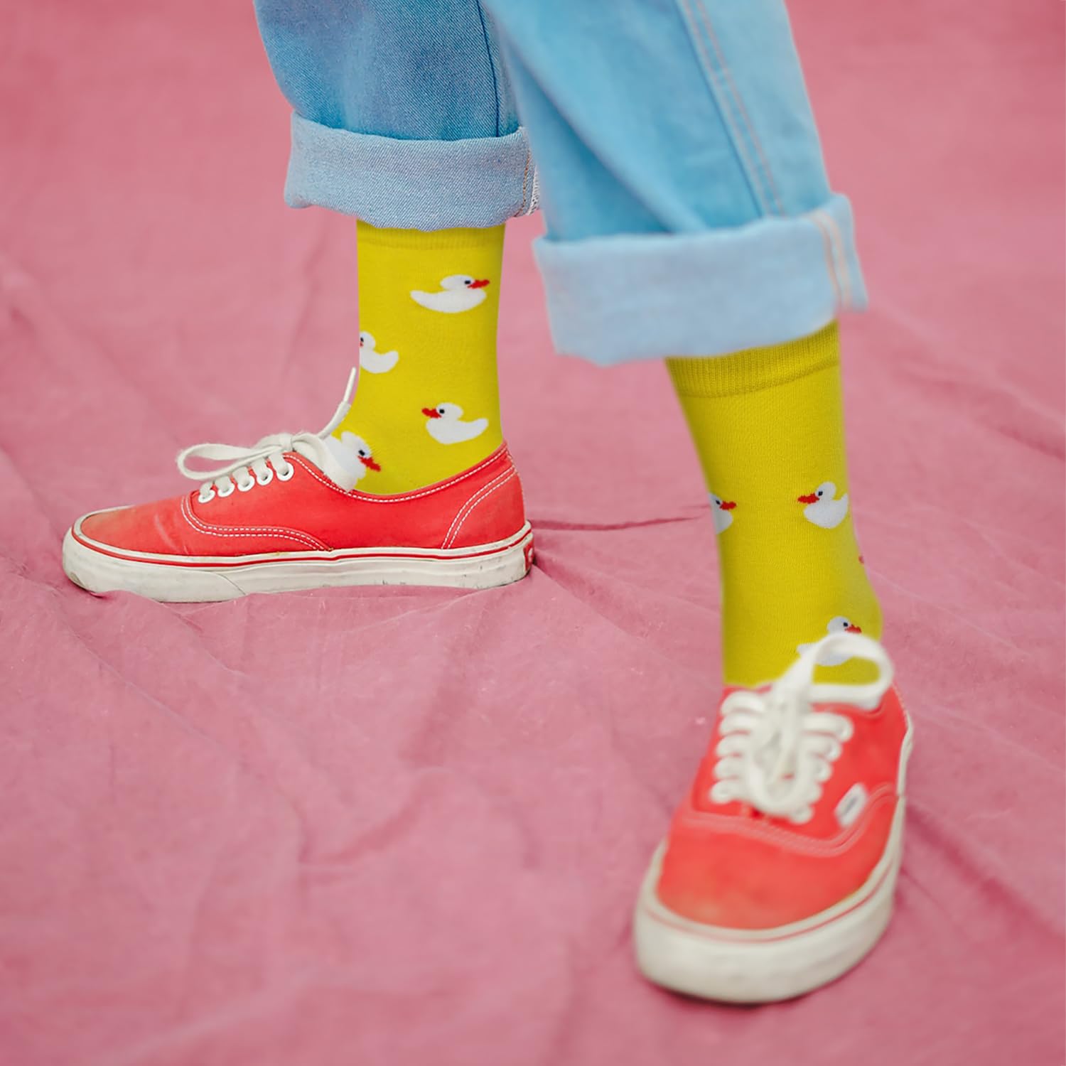 KONY 5 Pack Women's Cute Animal Socks Cotton Cat Dog Duck Patterned Novelty Fun Crew Socks Gift Size 6-9 (Ducks)