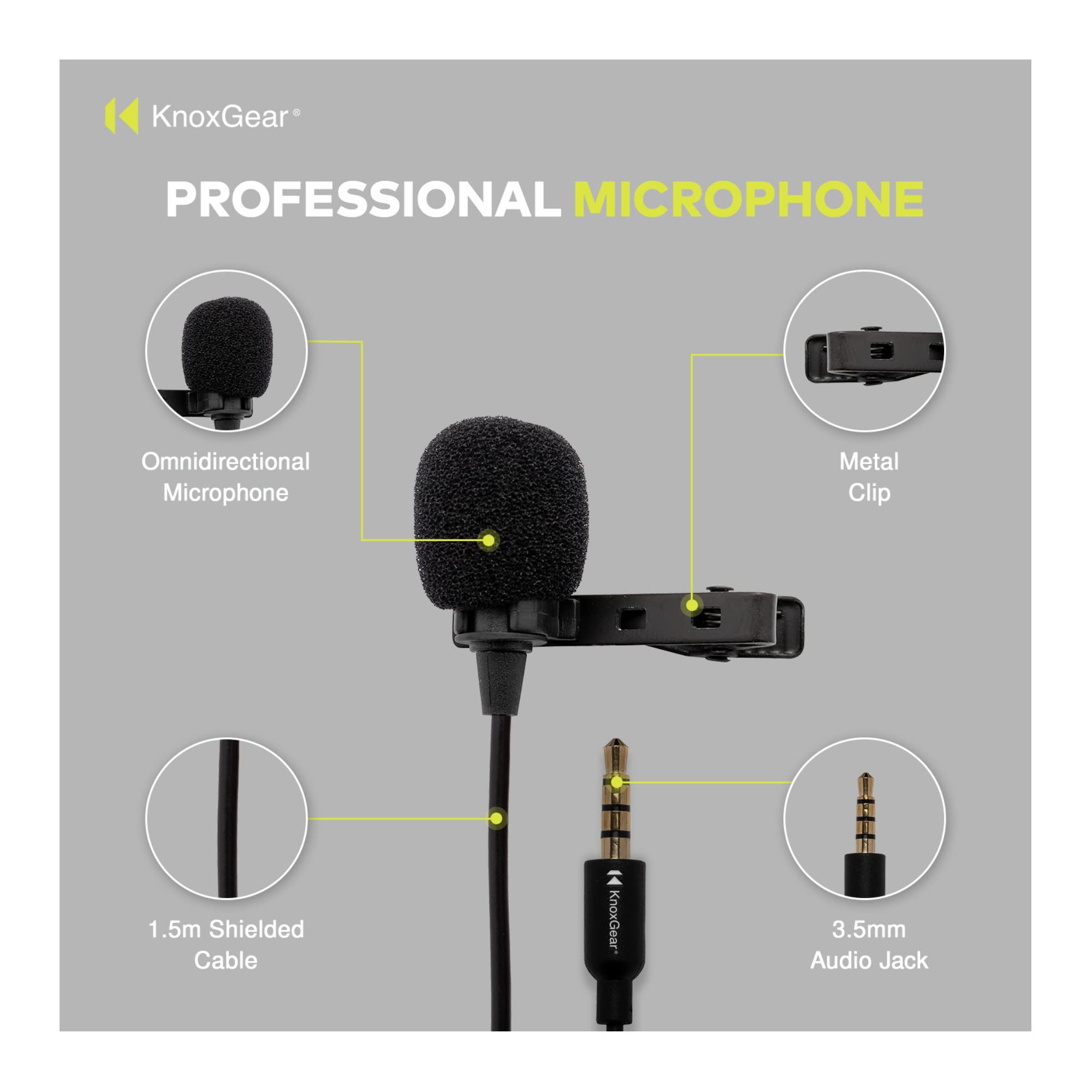 Knox Clip-On Lavalier Microphone β Professional Hands Free Body Lapel Mic for Recording and Live Audio β 3.55mm Jack with 1/4β Adapter β Fits DSLR and Video Cameras, Phones, Computers