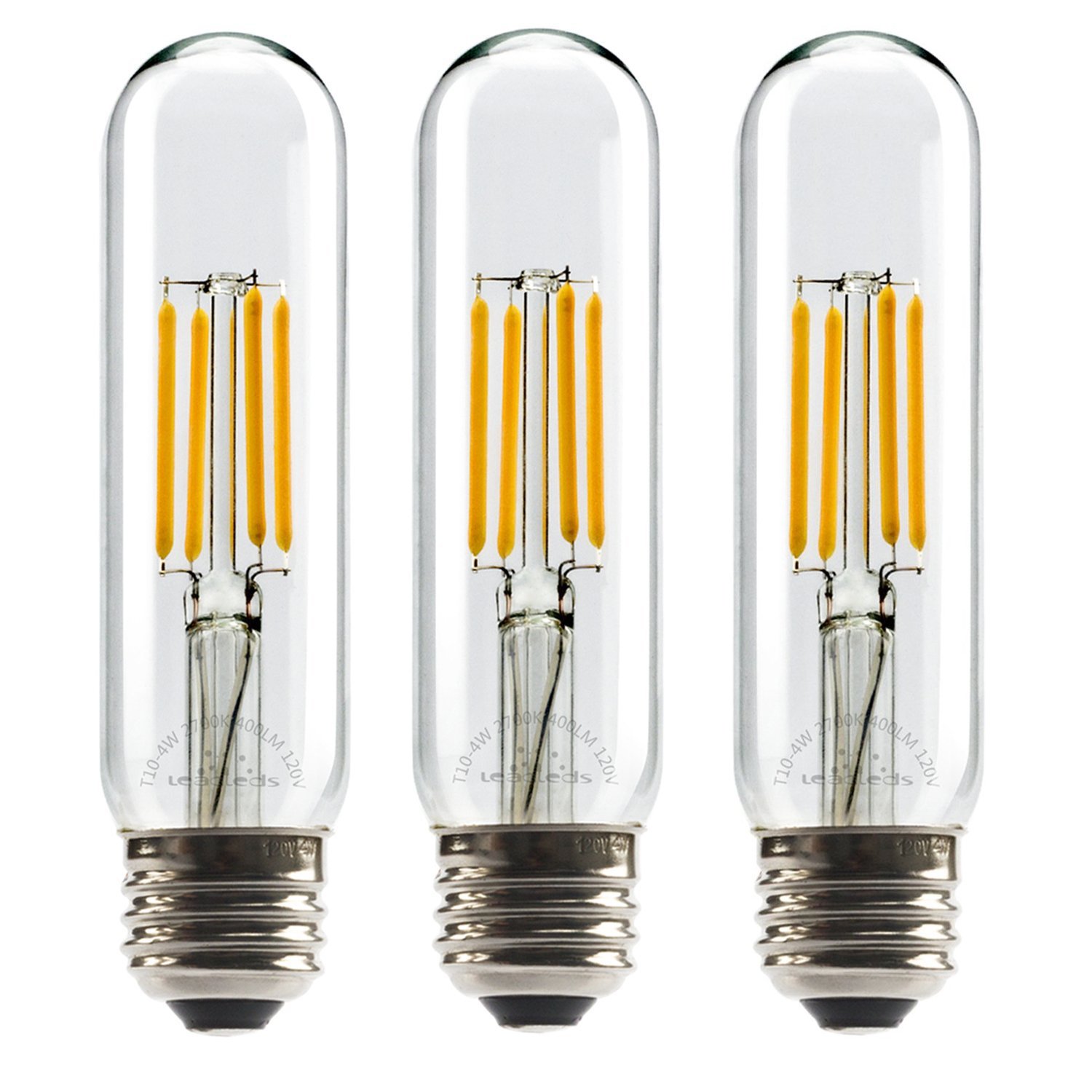 Leadleds 4W Tubular LED Bulb Edison Style COB LED Filament Bulb T10, Non Dimmable E26 Medium Base Lamp 40 Watt Incandescent Bulb Equivalent 2700K Neat Warm White, 3-Pack