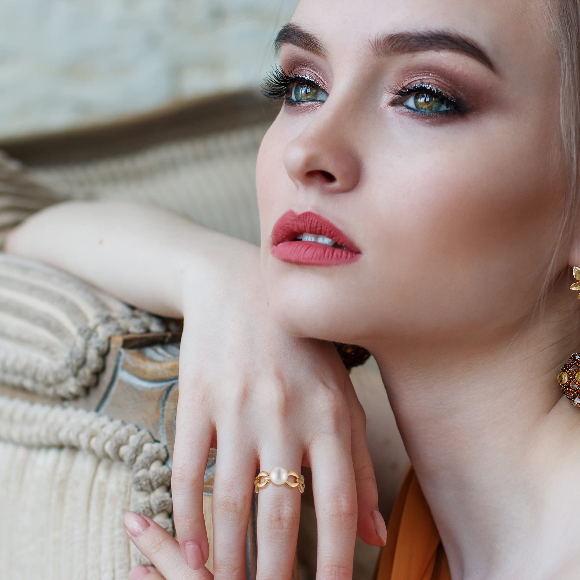 papasgix Pearl Ring for Women, 14K Gold Plated Stackable Open Ring Adjustable Ring Aesthetic Handmade Statement Gold Ring