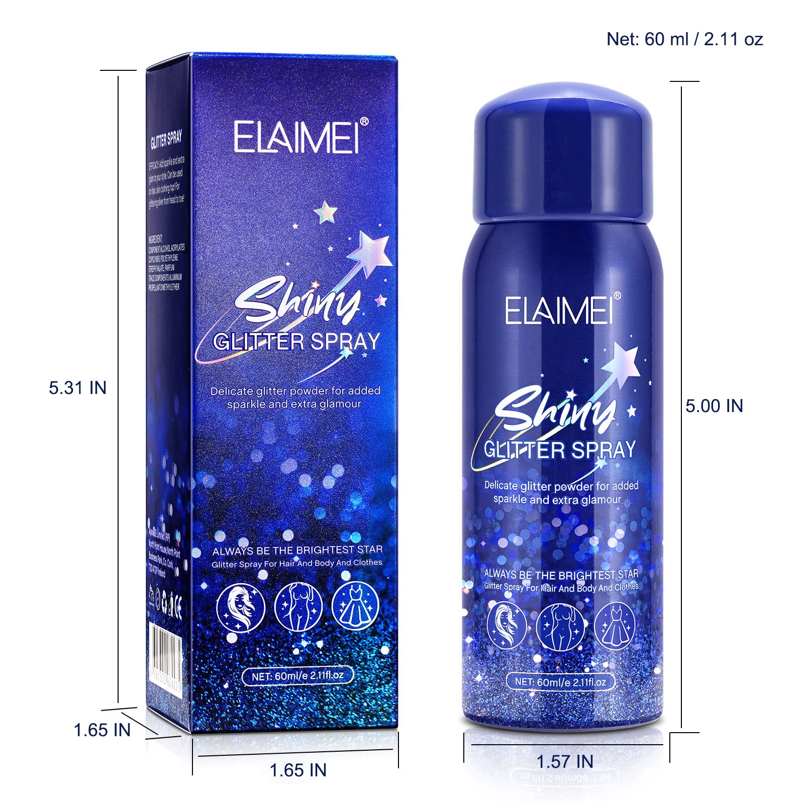 Shiny Glitter Spray, Body and Hair Glitter Spray, Quick-Drying Waterproof Body Shimmery Spray (2.11 oz)