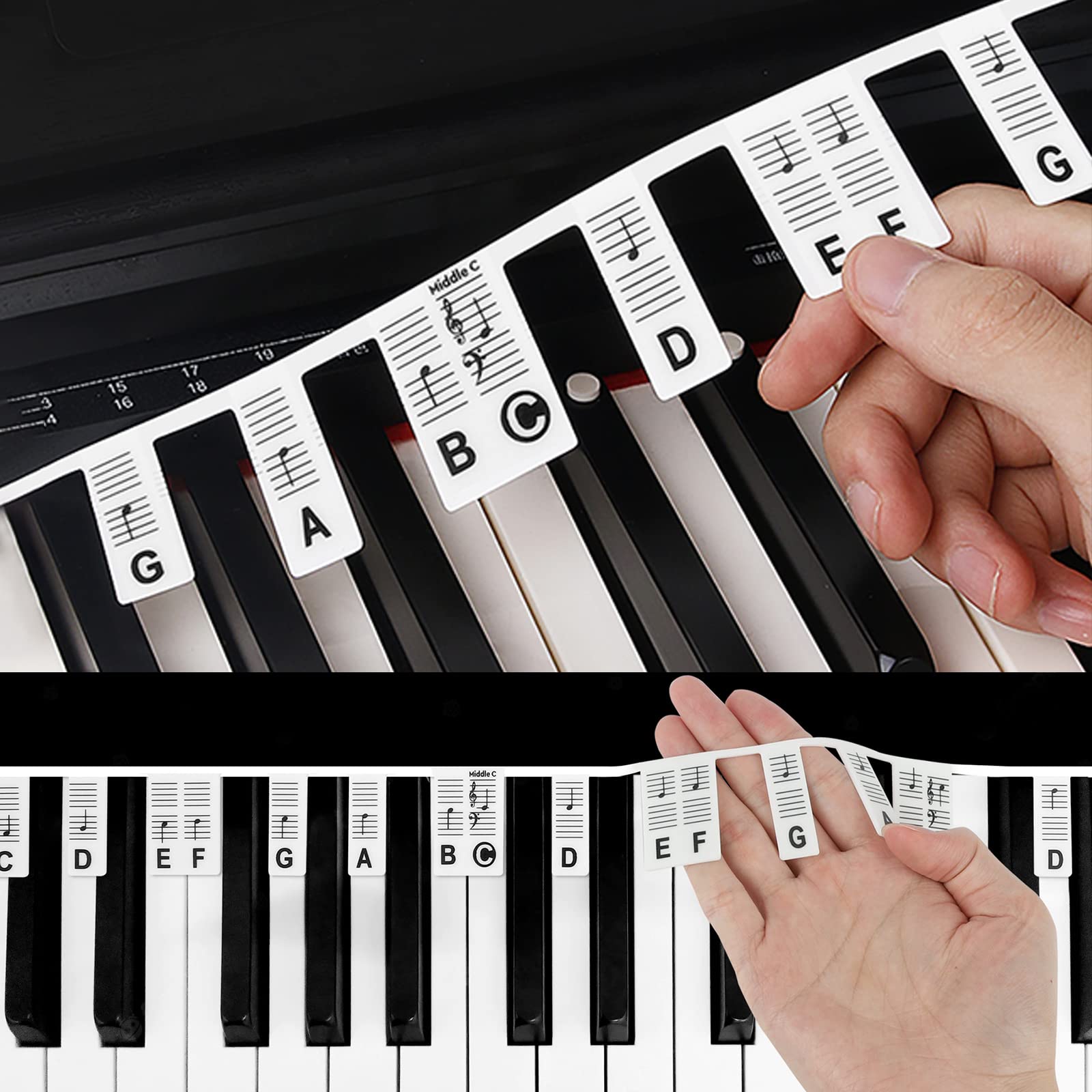 Removable Piano Keyboard Note Labels for Learning, Silicone Piano Keyboard Stickers for Beginners, 88-Key Full Size Piano Notes Guide with Box, Reusable Piano Key Music Notes Letter Label, Black