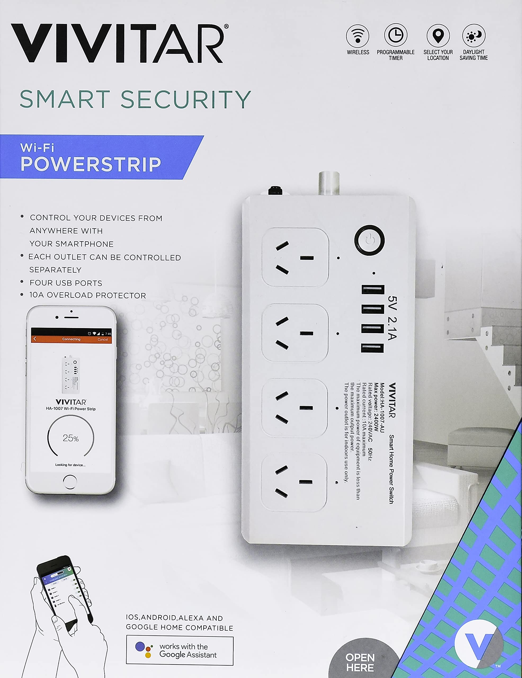 Vivitar Smart Home Power Strip, Standard Plug With 4 USB Ports, Four Power Outlets, 10Amp 3 Prong Outlet Energy Saving, Wifi ControlLED Smart Power Strip, 4 USB Charging Ports, Wireless Remote Control