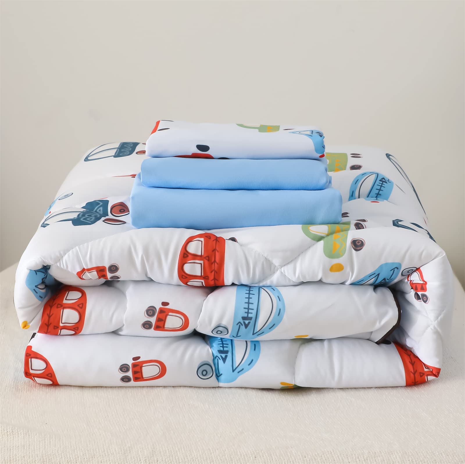 VINILITE 4 Piece Toddler Bedding Set Cars Standard Size Children Comforter Set Ultra Soft Includes Quilted Comforter, Fitted Sheet, Flat Sheet, and Pillow Case for Kids Boys, 28" x 52"
