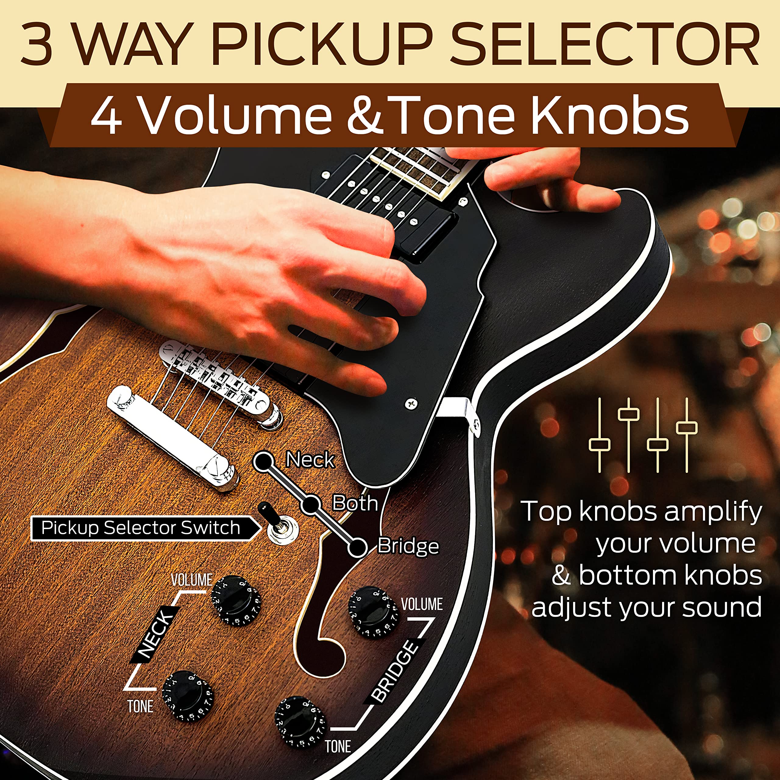 Pyle Semi Hollow Body Electric Guitar Set, 41.8β Full Size Jazz Instrument Kit w/ Gig Bag, Matte & Sunburst Finish