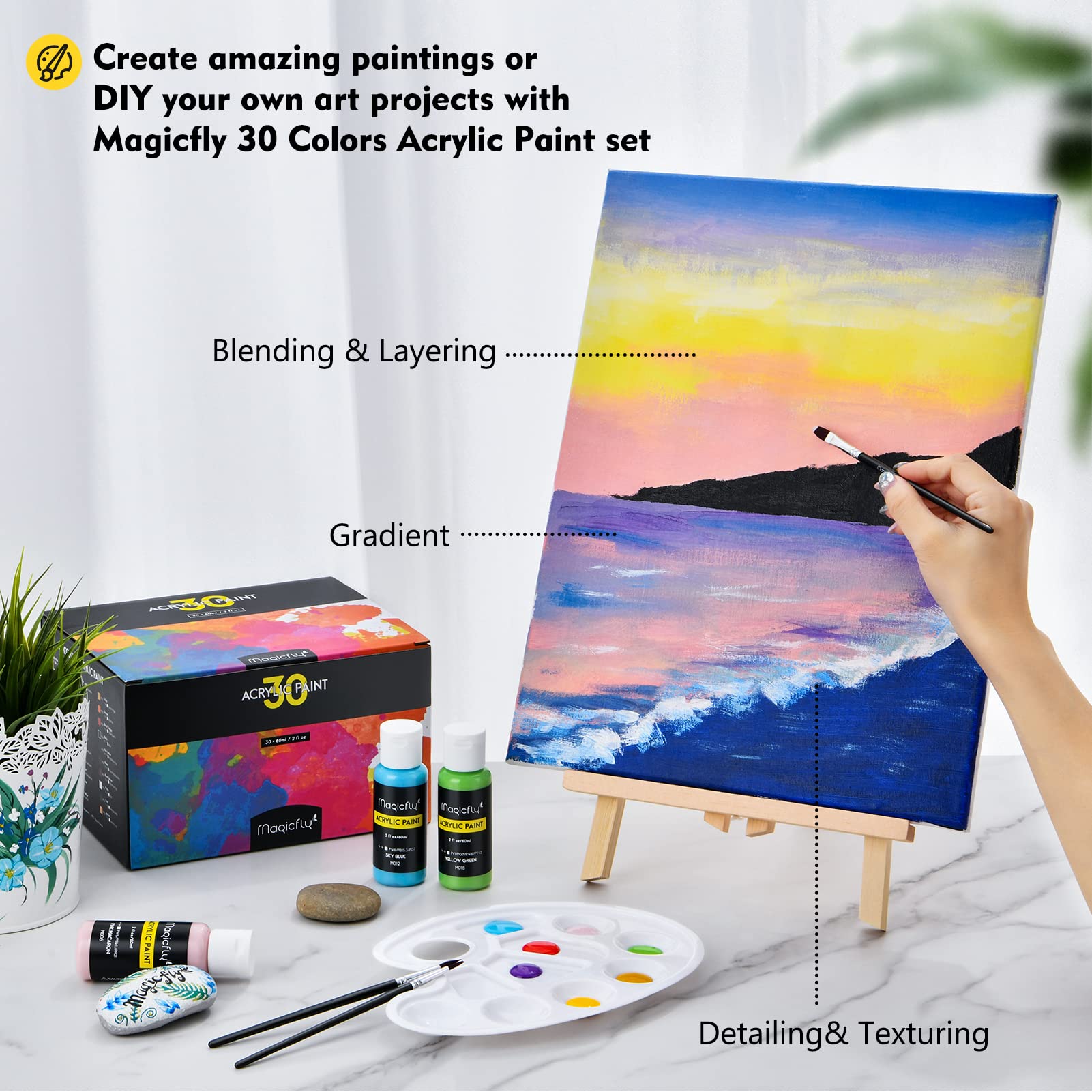 Magicfly 30 Colors Acrylic Paint Set (2fl oz/60ml Each), Non-Toxic Craft Paints with 3 Brushes, for Multi-Surface Paint on Canvas, Halloween Pumpkin, Paper, Wood, Stone, Ceramic and Model
