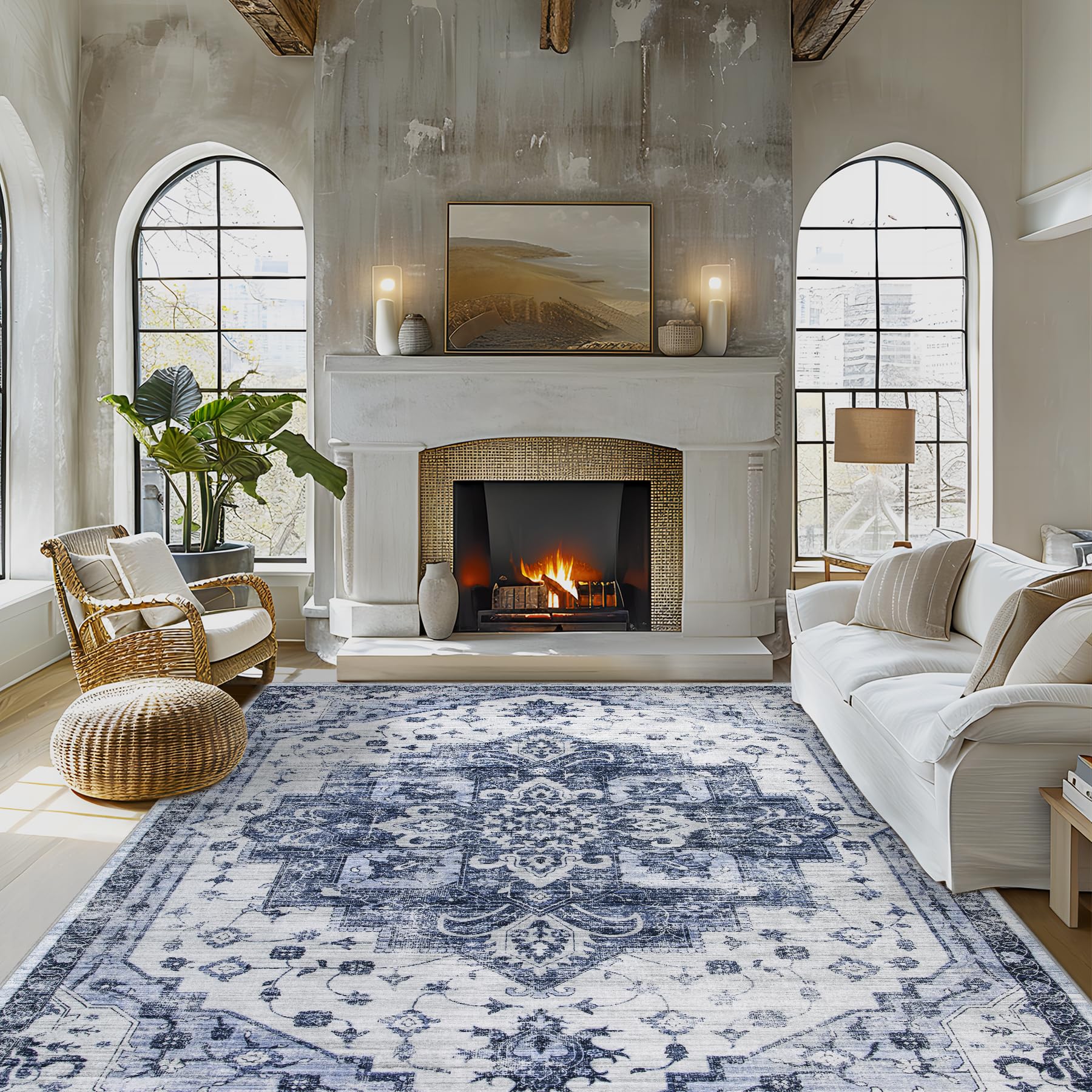 Washable Rug Living Room Rugs: 9x12 Area Rug Large Soft Boho Vintage Medallion Carpets Indoor Floor Anti Slip Non-Shedding Thin Carpet for Bedroom Dining Room Farmhouse Nursery Home Office-Blue/White