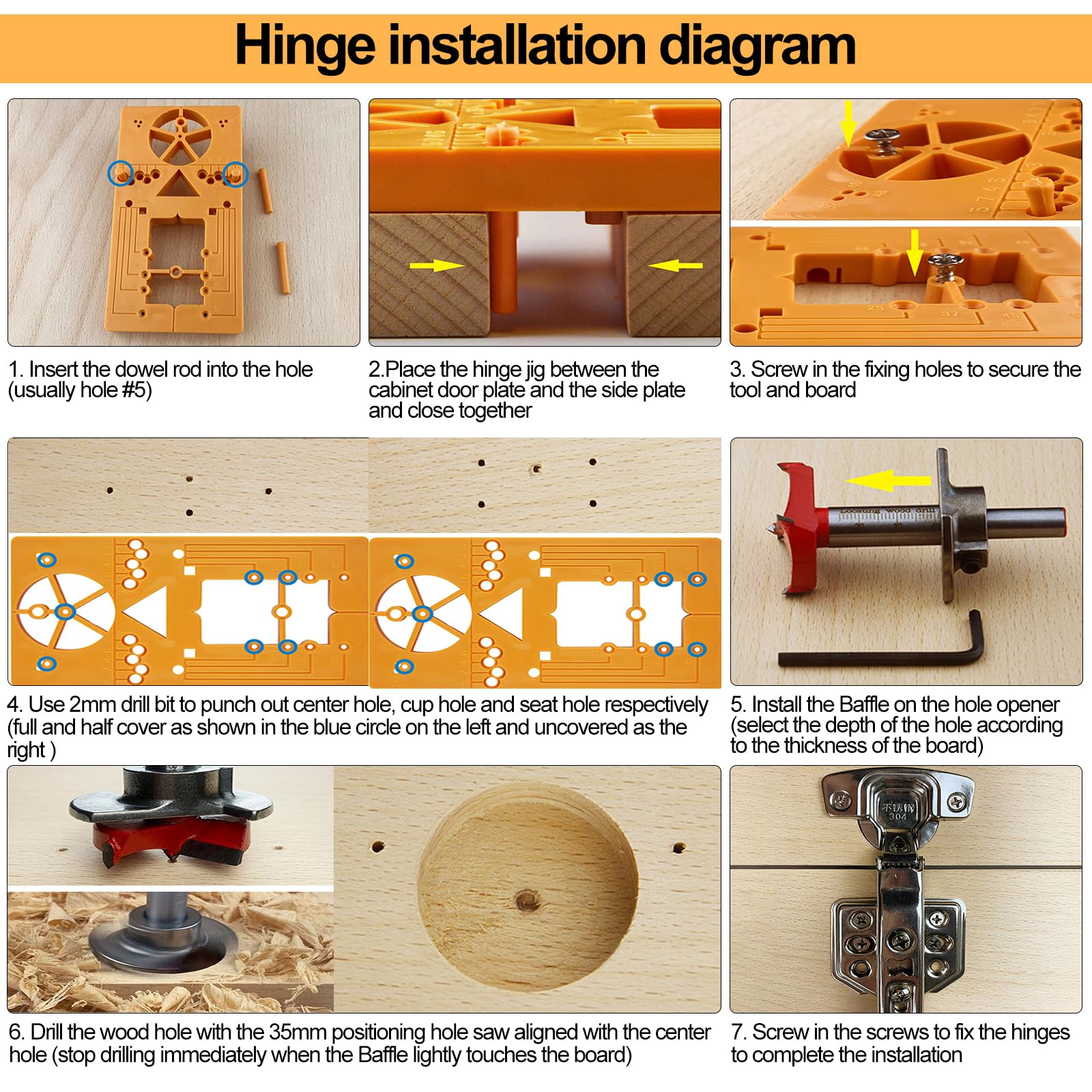 Lonfu 35mm Hinge Jig Kit,Concealed Hinge hole Drilling Jig,Woodworking Template Tools for Kitchen Cabinet Doors Hinge