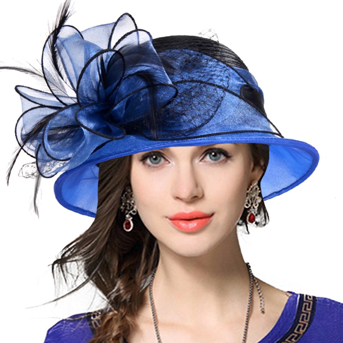 Kentucky Church Derby Dress Cloche Hat Sweet Cute Floral Bucket Hats (Blue)