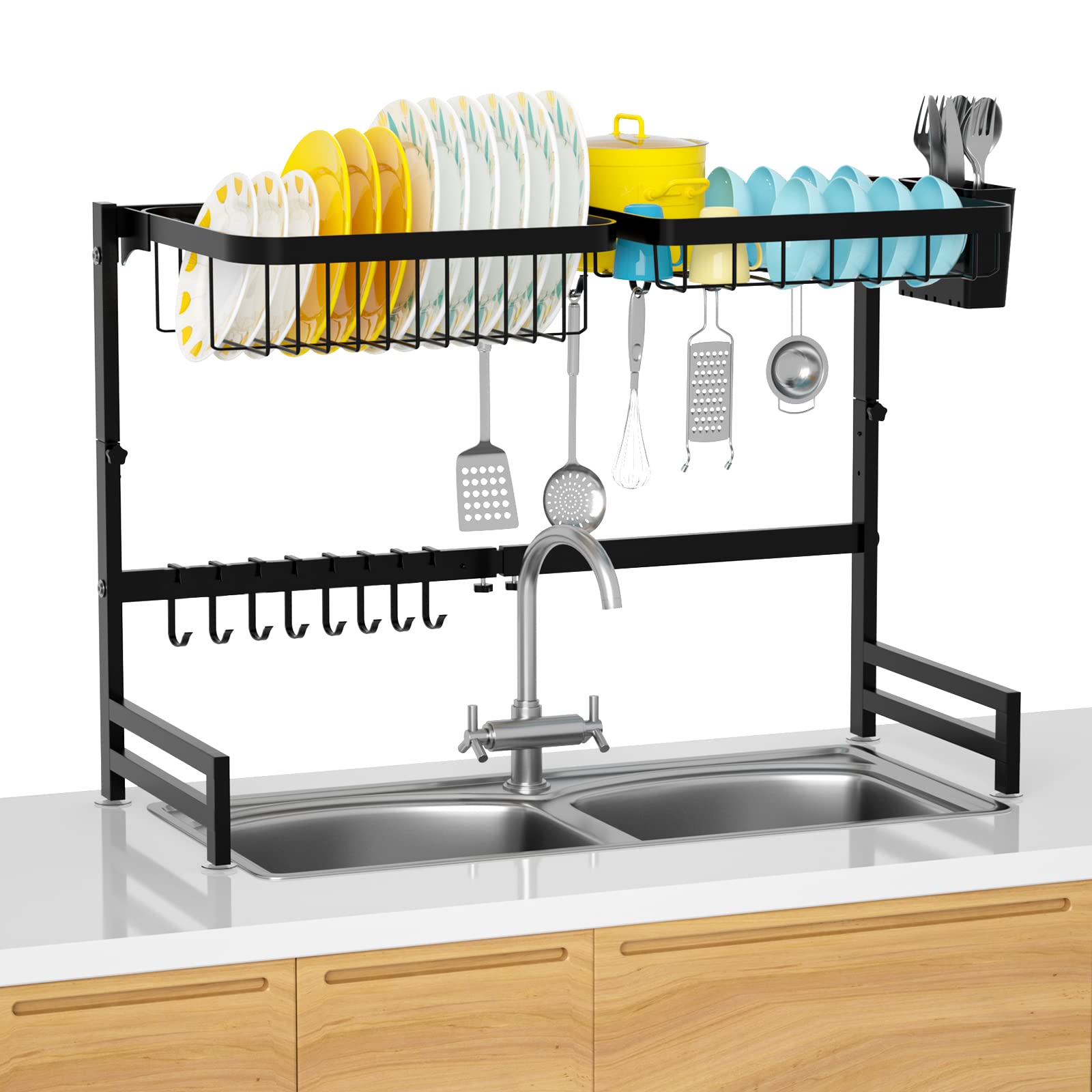 MERRYBOX Over The Sink Dish Drying Rack, Adjustable Length (25.6-33.5in) and Height Over Sink Dish Rack, Dish Drainer with Cutting Board Holder, for Kitchen Sink Counter Organizer Space Saver