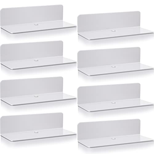 Yulejo 9 Inch Floating Shelves Acrylic Wall Mounted Shelf Acrylic Display Shelf Self-Adhesive Wall Shelves for Bedroom, Gaming Room, Living Room, Bathroom, Office with Cable Clips (White,8 Pieces)