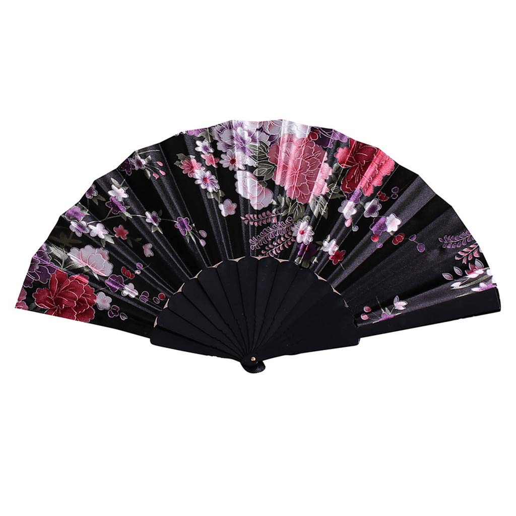 Party Dance Lace Fan Wedding Silk Hand Held Folding Flower Fans Window Fans with Exhaust And Intake (Black, One Size)