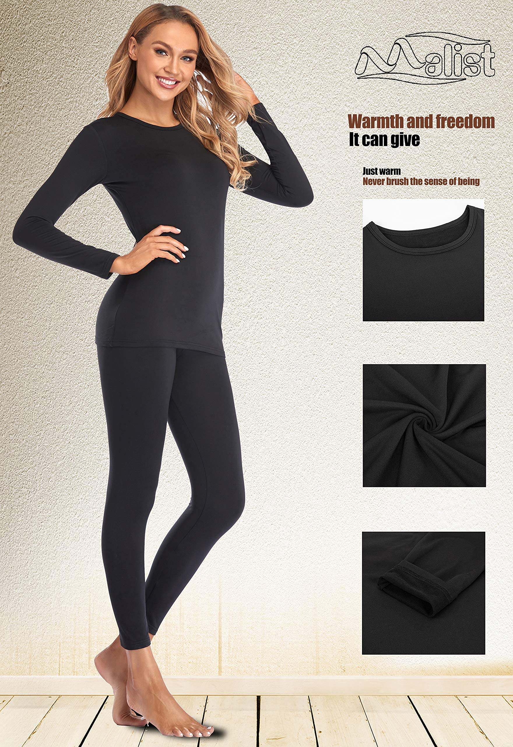 Malist Women's Thermal Underwear Ultra Soft Long Johns Top with Fleece Lined Set Black Small