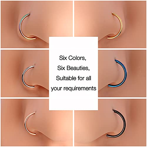 OUFER 6PCS Titanium Nose Ring Hoop, 18G 20G Titanium Nose Studs, G23 Solid Titanium Nose Rings, Gold Black Nose Stud, Nose Piercing Jewelry for Women And Men