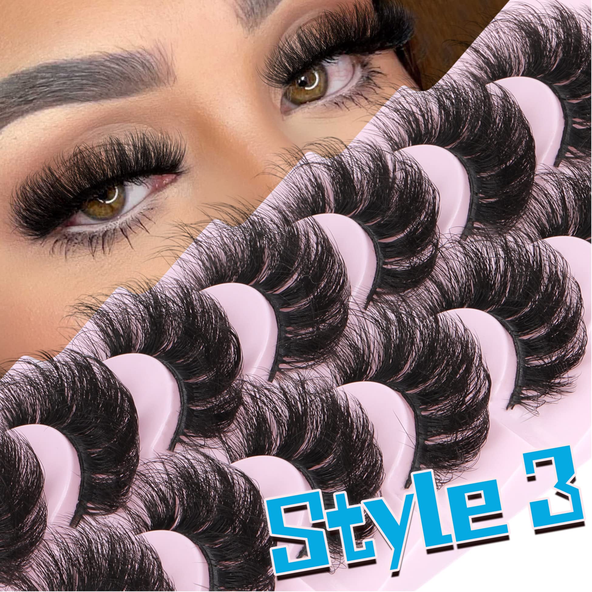 Mink Lashes Fluffy False Eyelashes Natural Look 14-17mm Cat Eye Lashes Pack, 5D Wispy Curly Fake Lashes by TNFVLONEINS - 21 Pairs 3 Styles