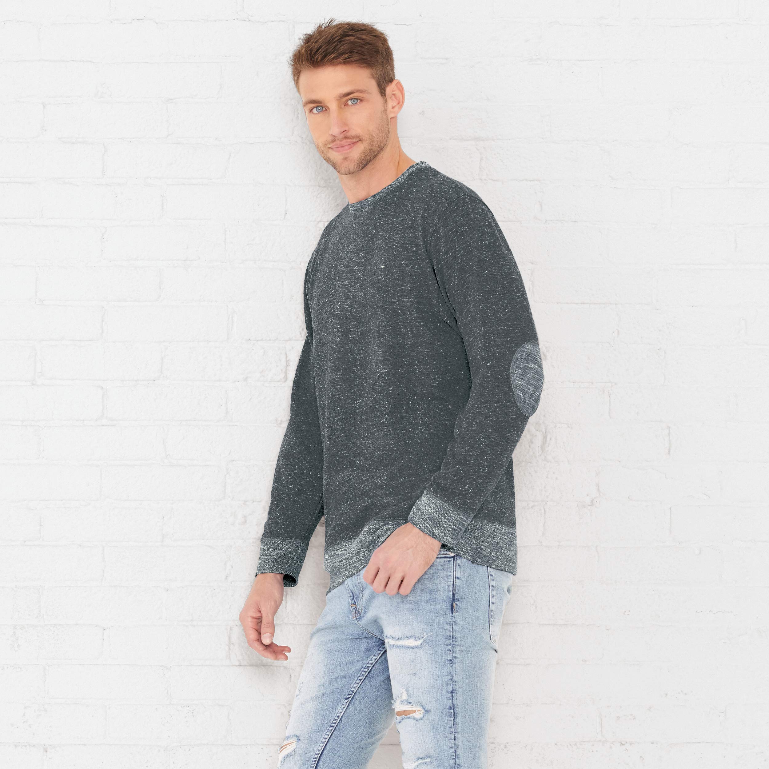 LAT Adult Unisex Harborside Mélange French Terry Crew Neck w/Elbow Patches, Gray Melange, Medium