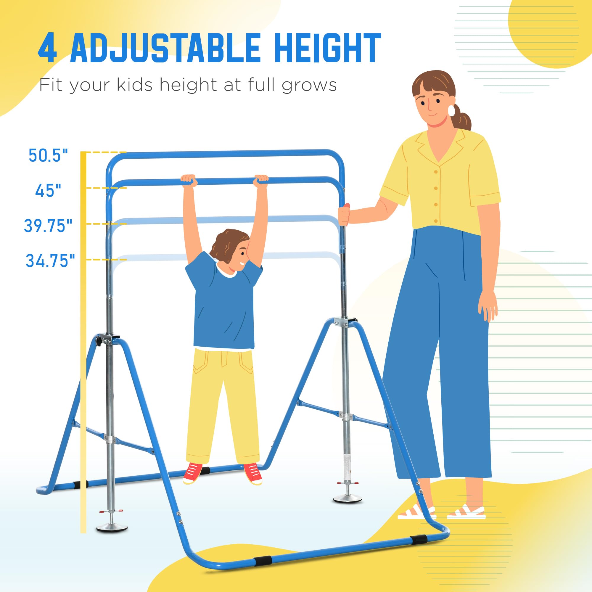 Qaba Folding Gymnastics Bar for Kids with Shock Absorption, Adjustable Gymnastics Horizontal Bar, Gymnastics Kip Bar for Home Use, Blue