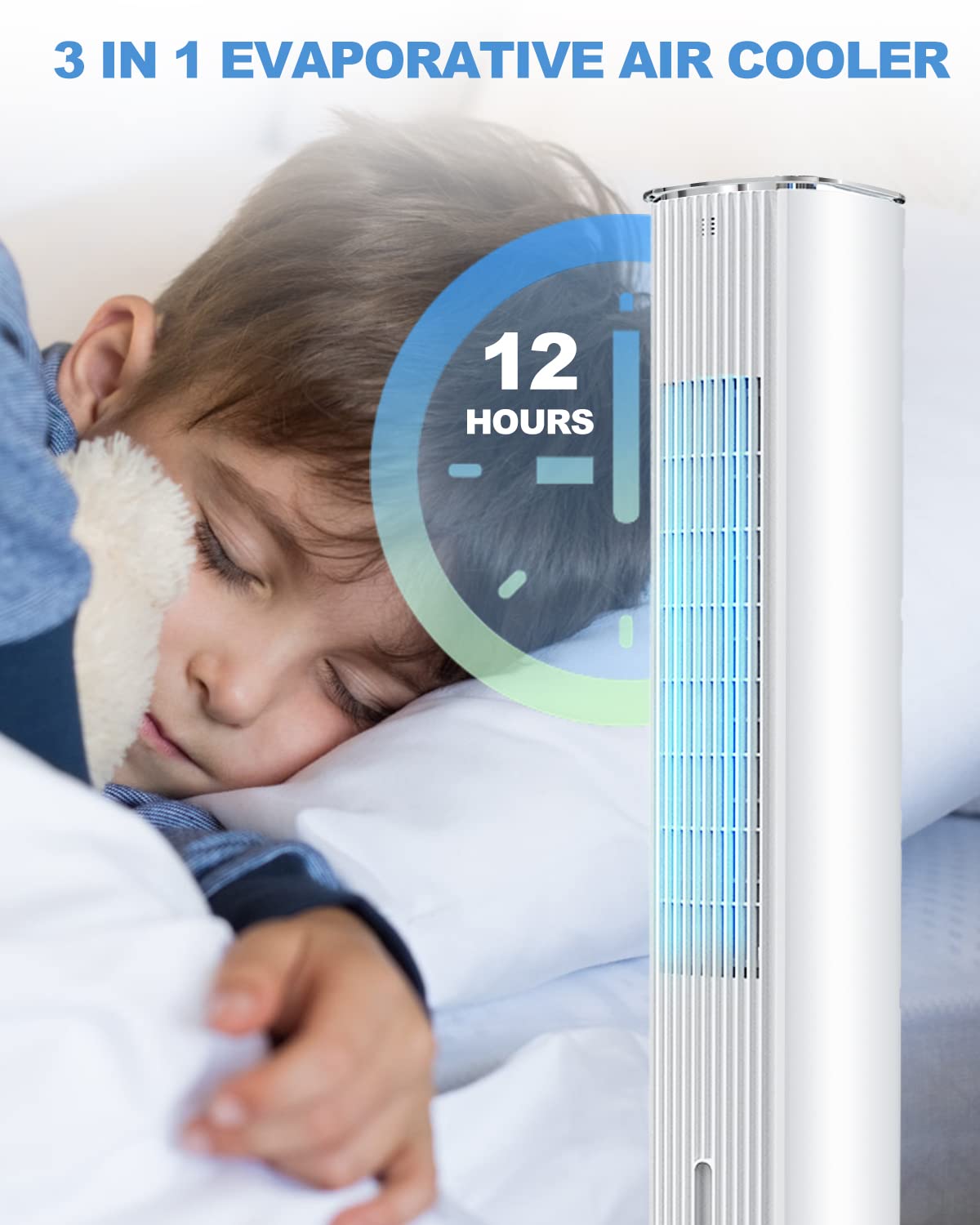 Portable Evaporative Cooler - VEOHAUT Evaporative Air Cooler, 60° Oscillation, 3 Speeds Cooling Fan, Remote & 12-Hour Timer, Air Conditioner for Home Office Bedroom, Ice Packs, 43INCH