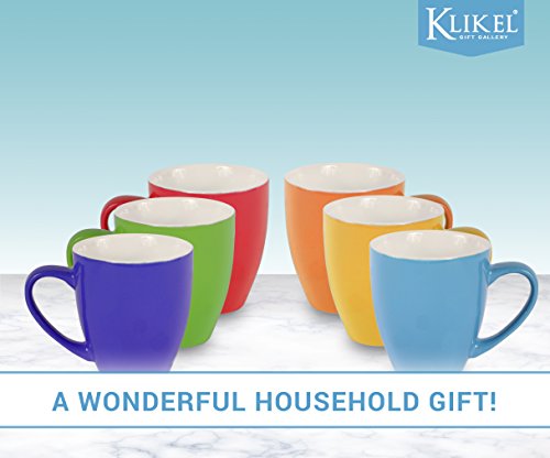 Klikel 6 Polka Dot Coffee Mugs Set - 16oz Flat Bottom Porcelain Dinnerware - Bright Polka Dot Colors