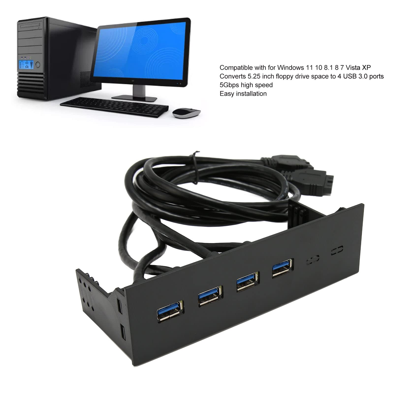USB3.0 Front Panel, 5Gbps 4 Ports Optical Drive Front Panel Multiple Security Protections 19pin USB Hub Front Panel for 5.25 Inch PC Computer Case