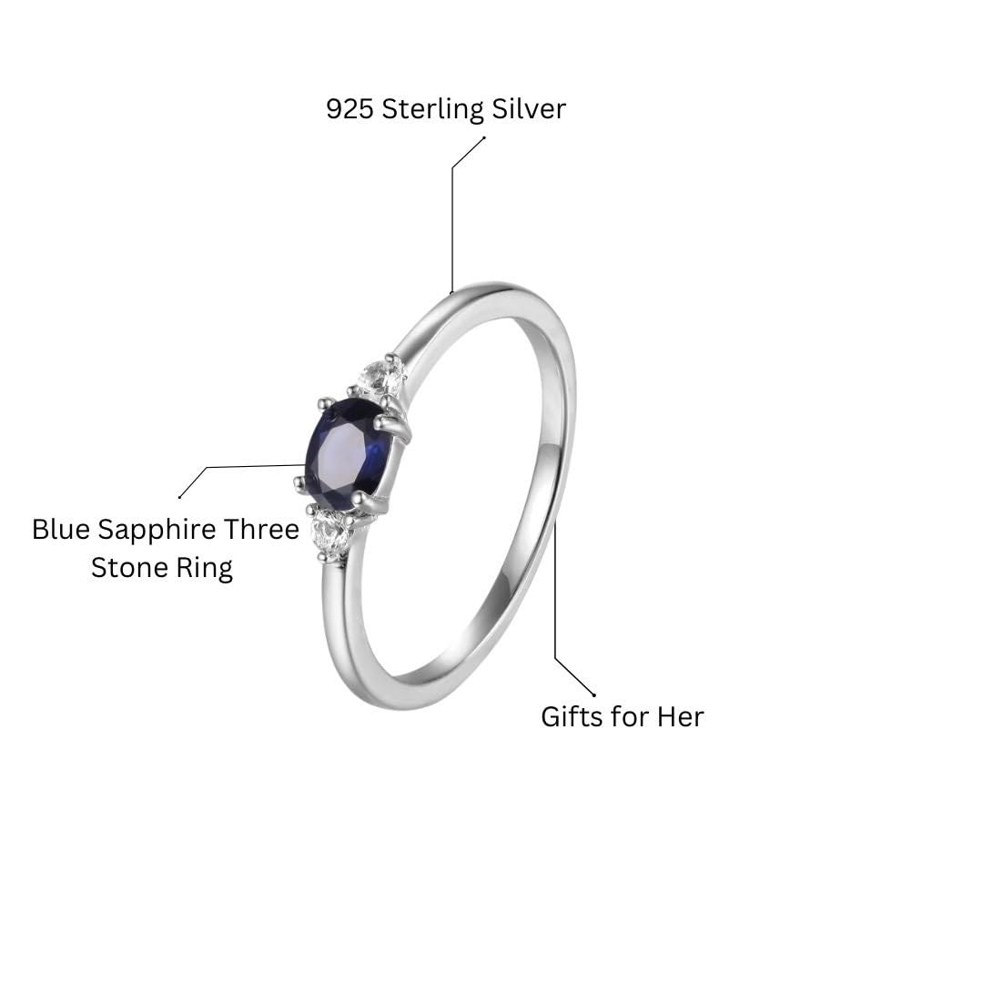 Natural Blue Sapphire Three Stone Ring in 925 Sterling Silver for Her- Cute Alexandrite Moissanite September Birthstone Rings For Women