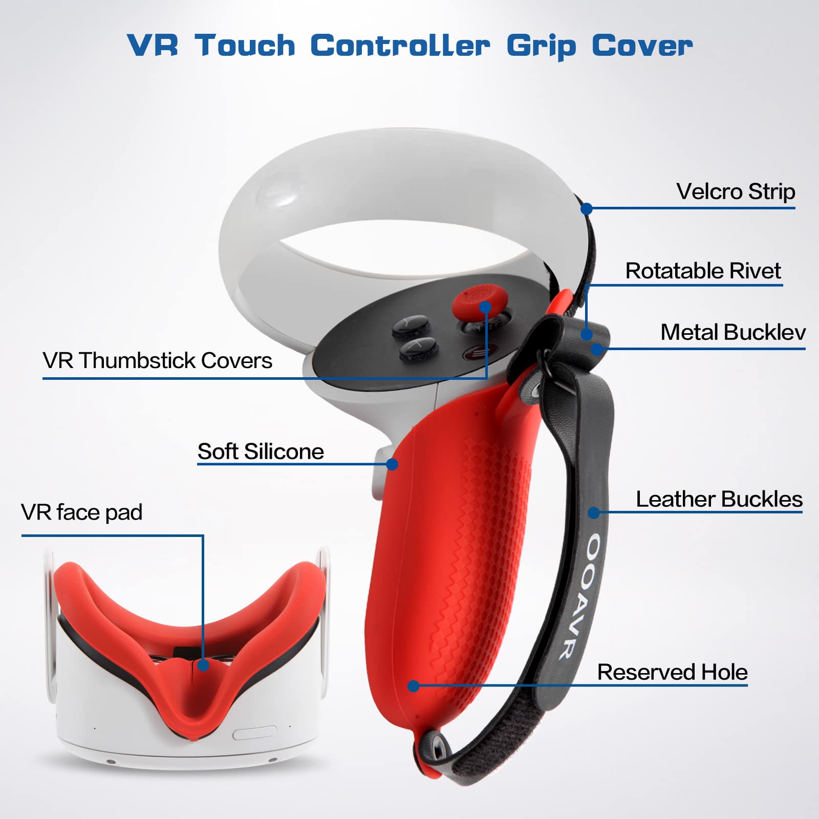 OOAVR VR Controller Grip Cover Accessories for Oculus Quest 2,2Pcs VR Silicone Face Pad,1 Pair VR Grips Cover and Thumbstick Covers(Red/4pcs Set)