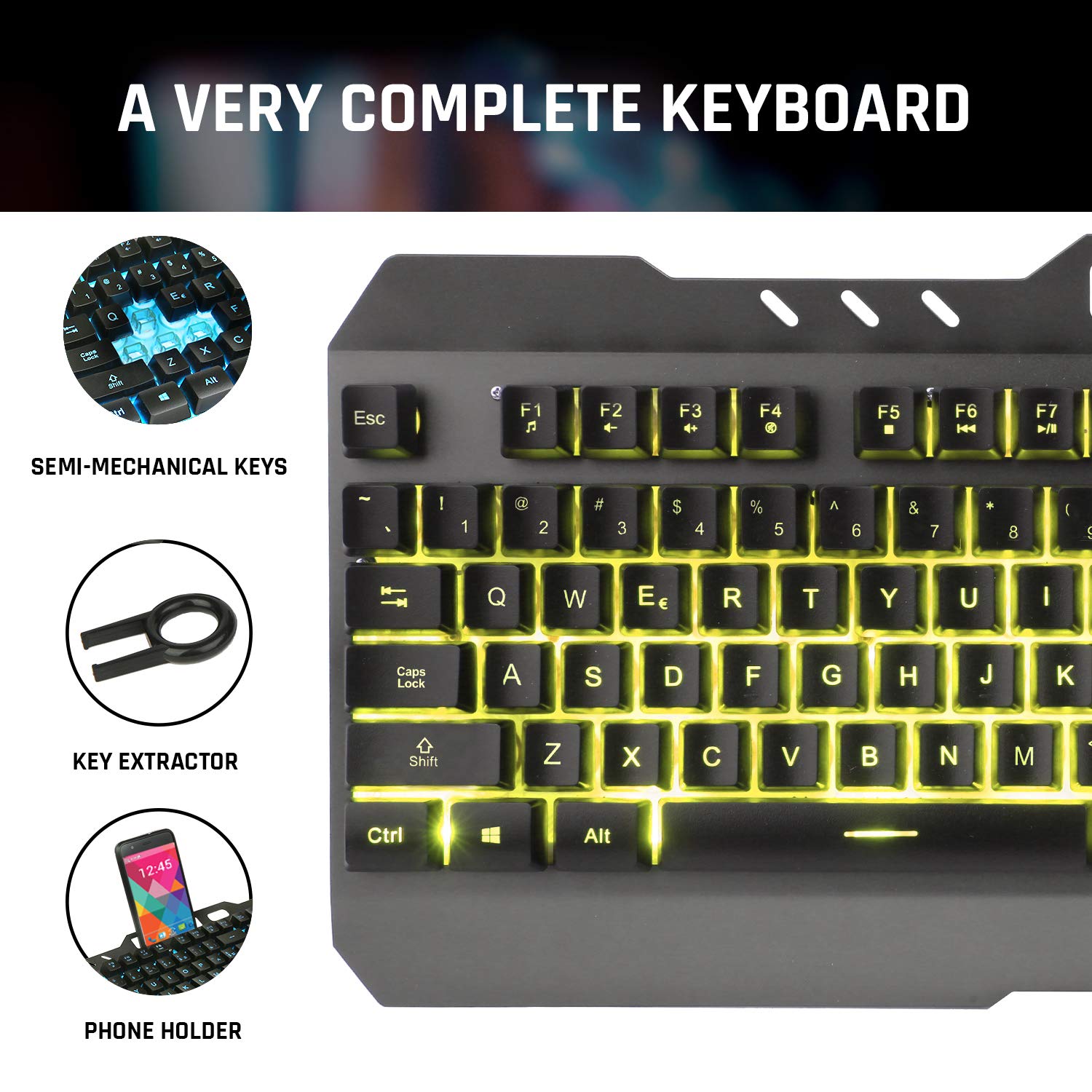 KLIM Lightning Gaming Keyboard - New 2023-7 LED Colors - Ergonomic Mechanical Feel Keyboard with Metal Frame - Compatible with PC Mac PS4 PS5 Xbox One - Wired Hybrid Keyboard