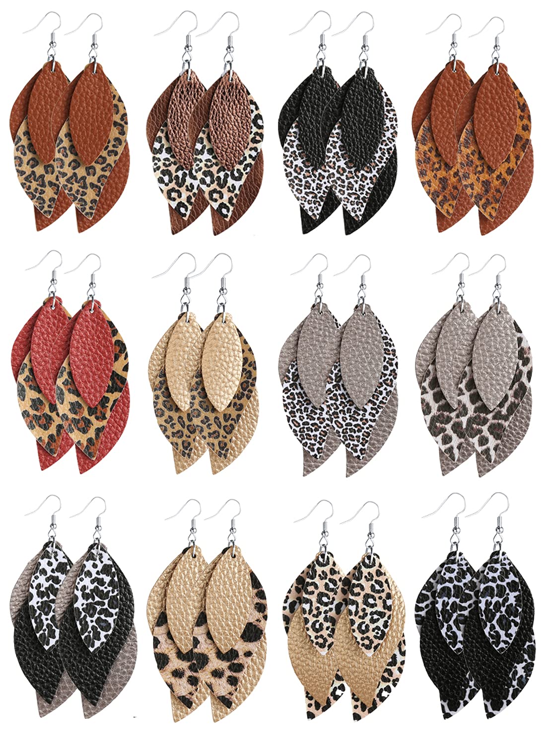 Leopard Earrings for Women Layered Leopard Leather Earrings Petal Lightweight Handmade Leopard Print Dangle Earrings Set 12Pairs