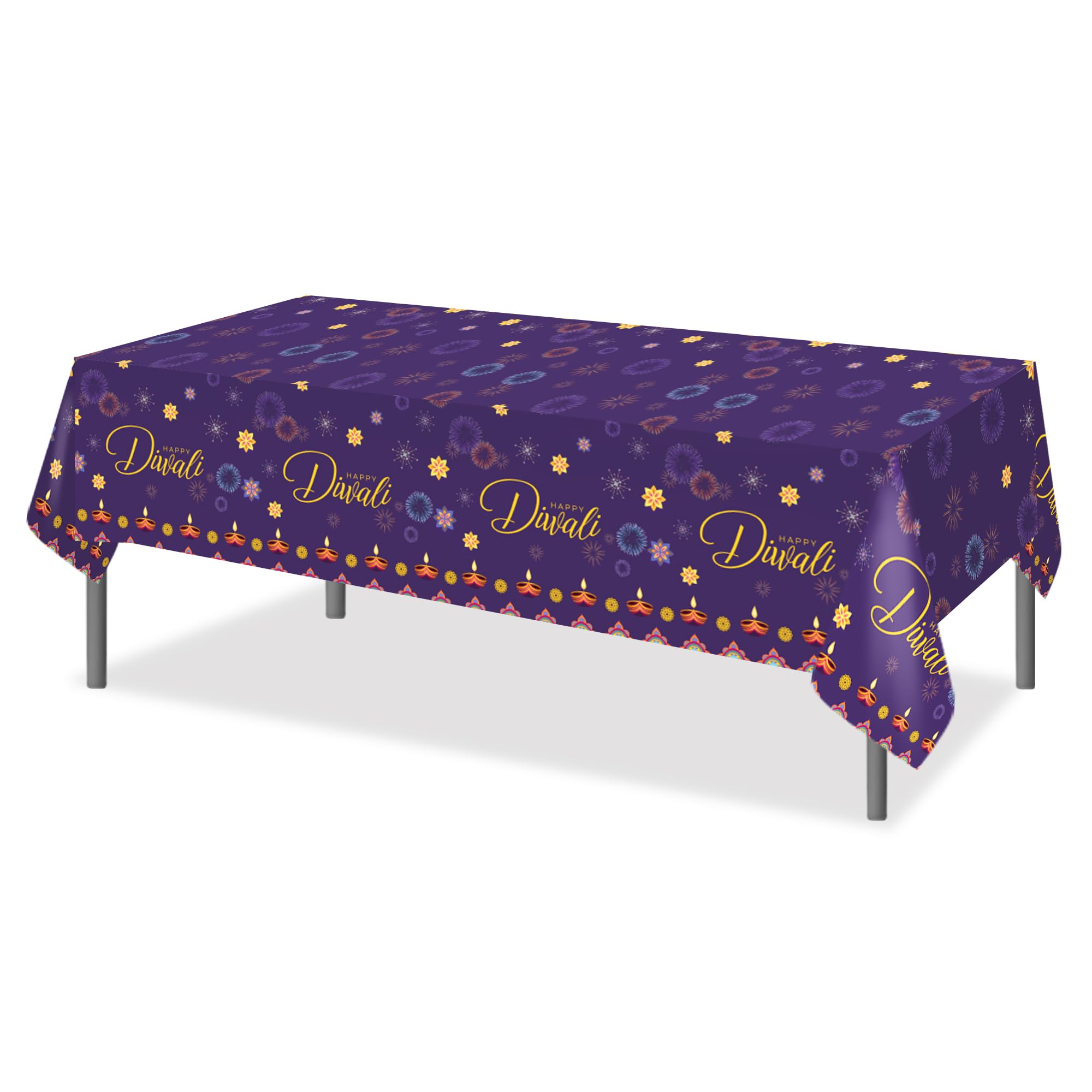 KYMY 3pcs Happy Diwali Table Covers with 86.6" X51.18", India Festival of Lighting Tablecloths, Rectangle Plastic Diwali Tablecovers for India Festival Deepawali Party Kitchen Dining Decoration