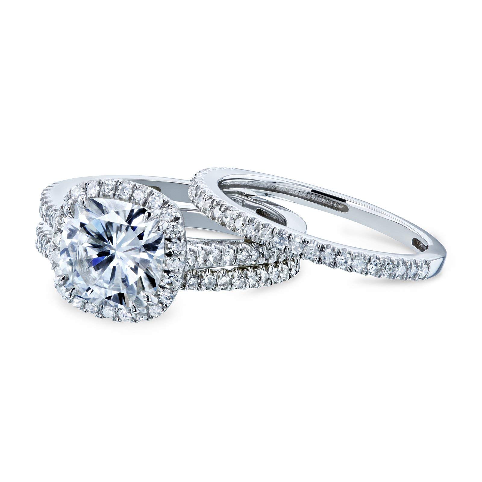 Kobelli Cushion Brilliant Moissanite Halo Bridal Wedding Rings Set 2 1/2 CTW 14k White Gold (DEF/VS, GH/I), 6.5