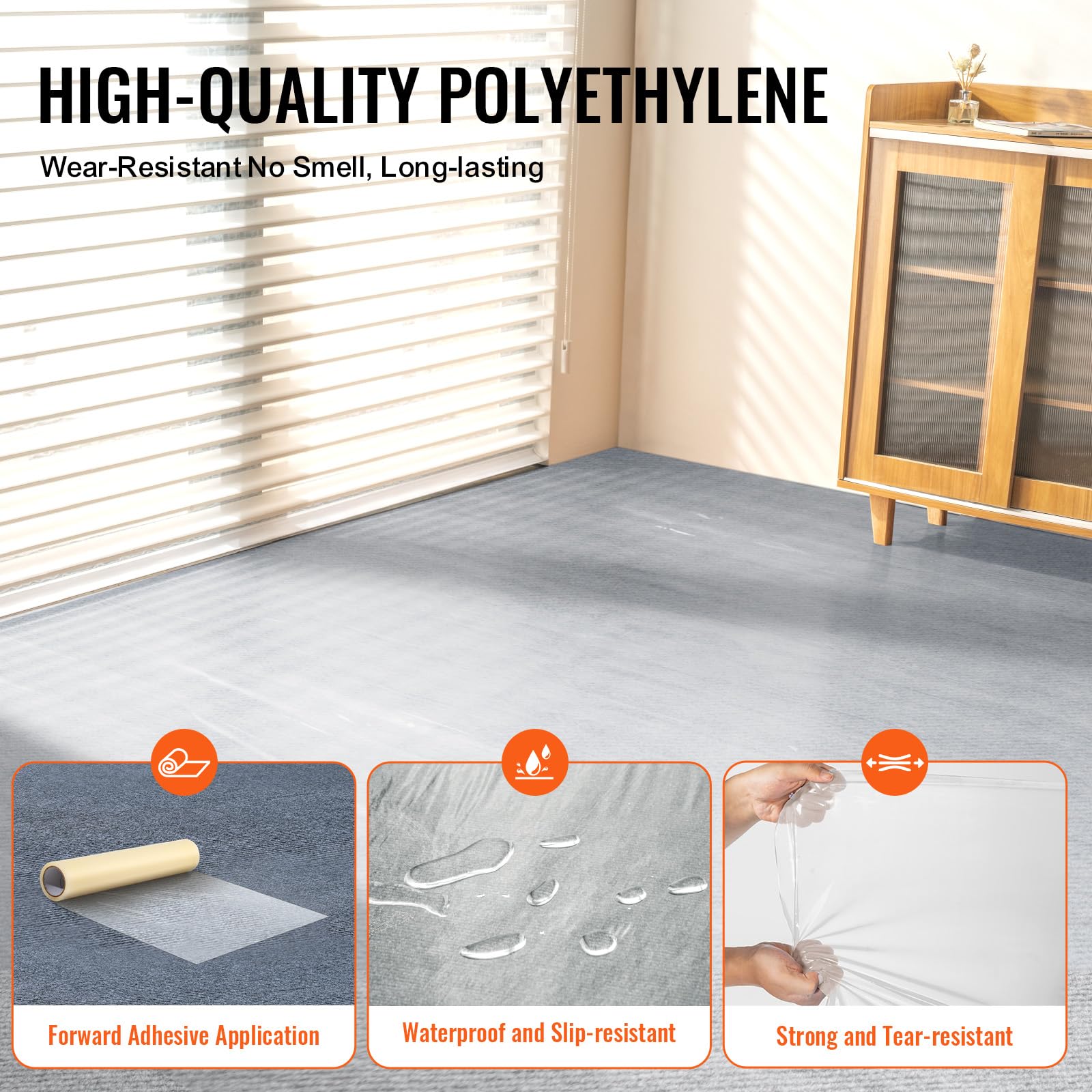 VEVOR Carpet Protection Film, 24" x 200' roll. Temporary Carpet Protective Covering Film, Heavy Duty Clear Self Adhesive Carpet Protector