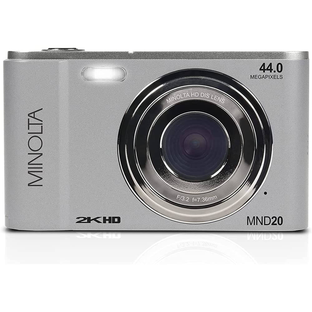Minolta MND20-S 44 MP 2.7K Ultra HD Digital Camera, Silver Bundle with Lexar 32G BUHS-I SDHC Memory Card, Deco Photo Point and Shoot Camera Case and Deco Photo Microfiber Cleaning Cloth