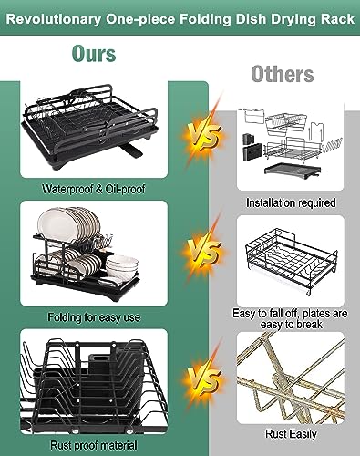 YUSHINDI 2 Tier Collapsible Dish Drying Rack for Kitchen Counter,Stainless Steel Dish Racks ,Space-Saving & Multipurpose,Dish Rack for Kitchen Counter with Utensil Holder,, Large-Capacity, Black