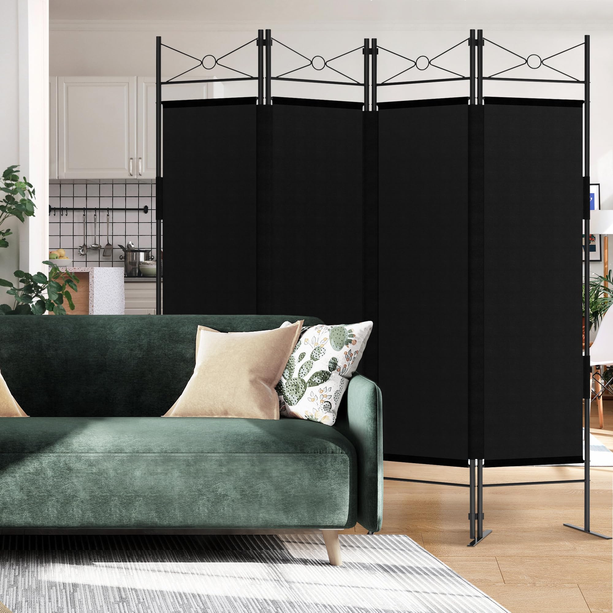 JAXPETY Upgraded 4-Panel Room Divider, 6 Ft Folding Privacy Screen with Pedestals, Freestanding Wall Divider, Portable Office Separator Bedroom Dorm Home Partition (Black)