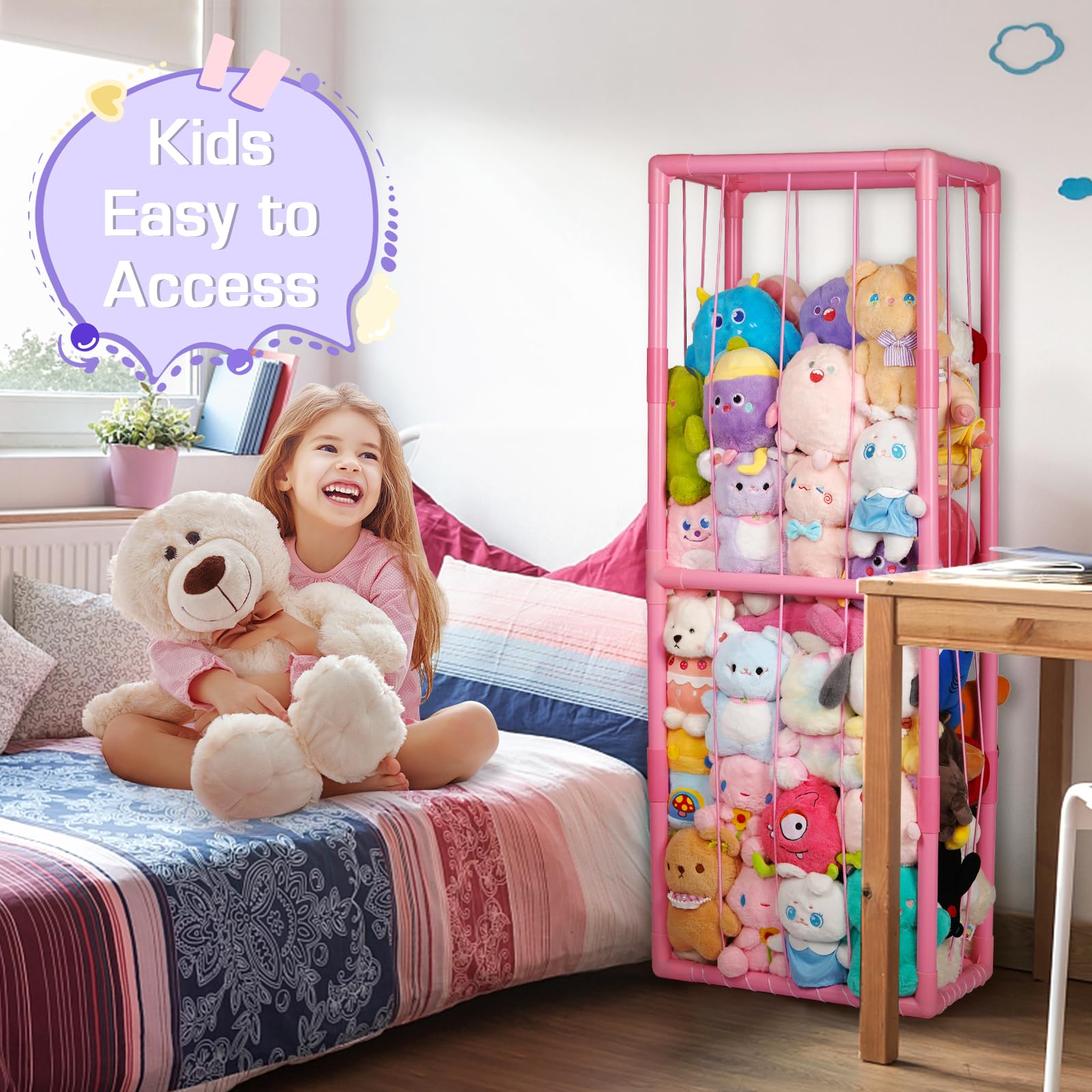 Trycooling Stuffed Animal Storage Zoo Stuffed Animal Holder Space Save Vertical Stuffed Animals Storage PVC with Elastic Band and Net for Playroom Bedroom Nursery (Pink 1)