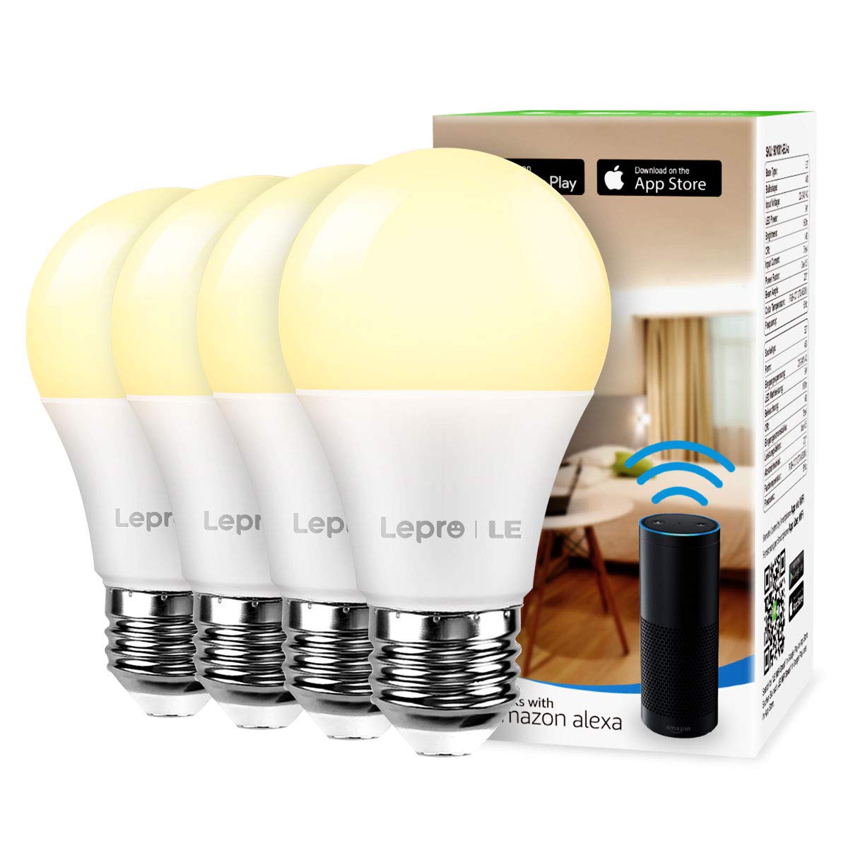 Lepro Smart LED Light Bulbs, Compatible with Alexa & Google Home, 60 Watt Equivalent, Dimmable with App, Warm White 2700K, No Hub Required, A19 E26, 2.4GHz WiFi Only, Pack of 4