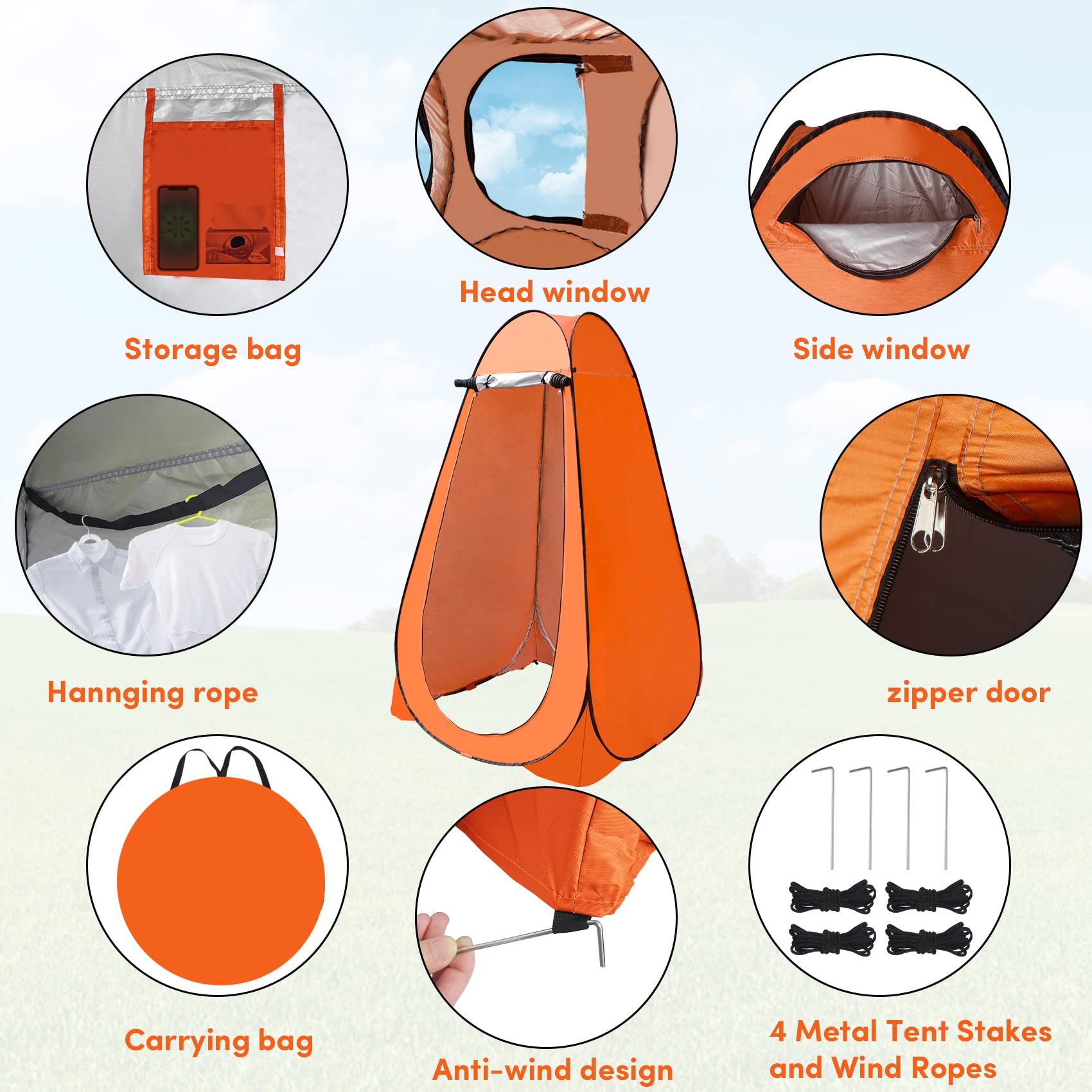 Pop Up Shower Tent Changing Tent with 2 Windows Camping Shower Tent Privacy Tent for Portable Toilet Outdoor Portable Dressing Room, Waterproof Orange/UPF 50+