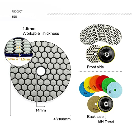 SHDIATOOL Dry Diamond polishing Pads 4 Inch Set of 8 Pieces Plus a Plastic Backer for Granite Marble Stone Quartz