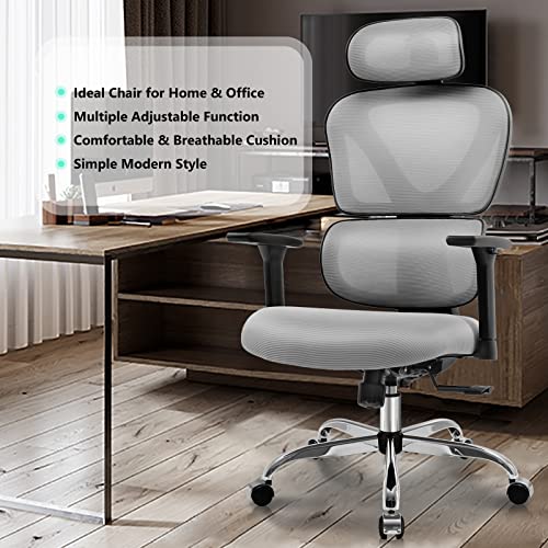 KERDOM Ergonomic Office Chair, Home Desk Chair, Comfy Breathable Mesh Task High Back Thick Cushion Computer Chair with Headrest and 3D Armrests, Adjustable Height Home Gaming Chair (S-Grey)