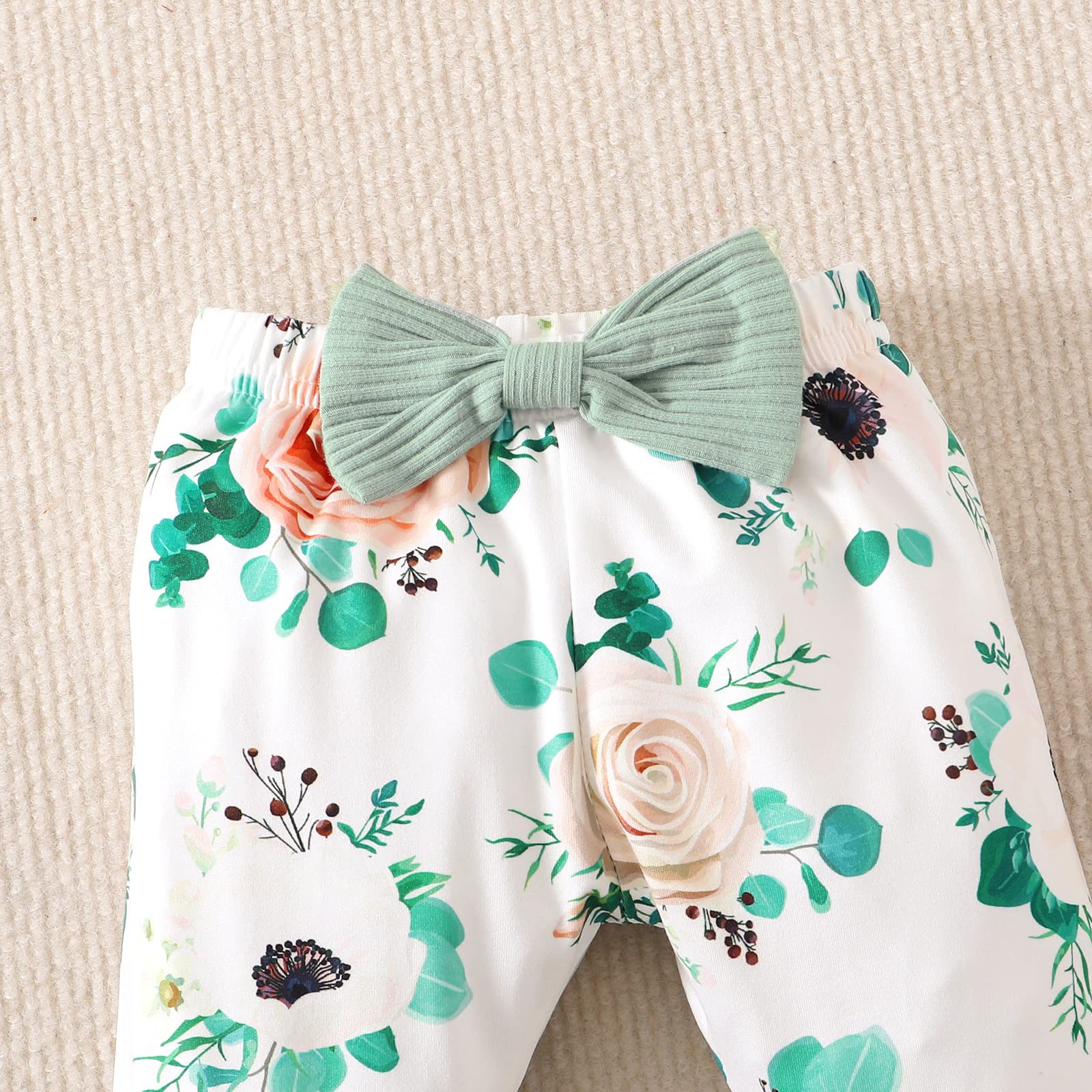 VOLUOVO Newborn Infant Baby Girl Clothes Daisy Mesh Patchwork Lace Puff Sleeve Romper Top Flared Pants Headband Outfit Set(GreenHighCollar/70)
