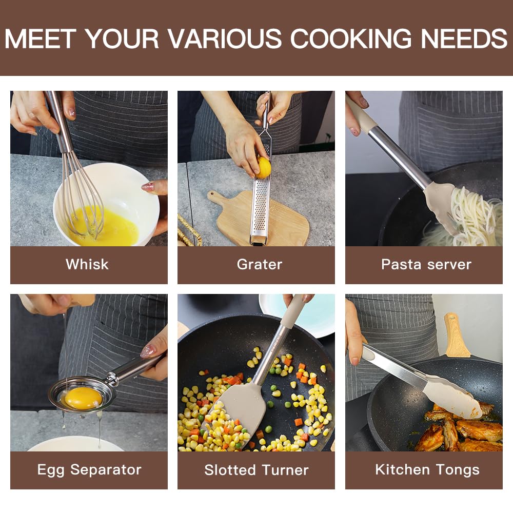KESUPAIR Silicone Kitchen Utensils Set, 20 pcs Cooking Utensils Set-Cooking Utensil - Kitchen Gadgets and Tools with Holder-Stainless Steel Kitchen Utensil with Grater,Turner,Tongs (Khaki)